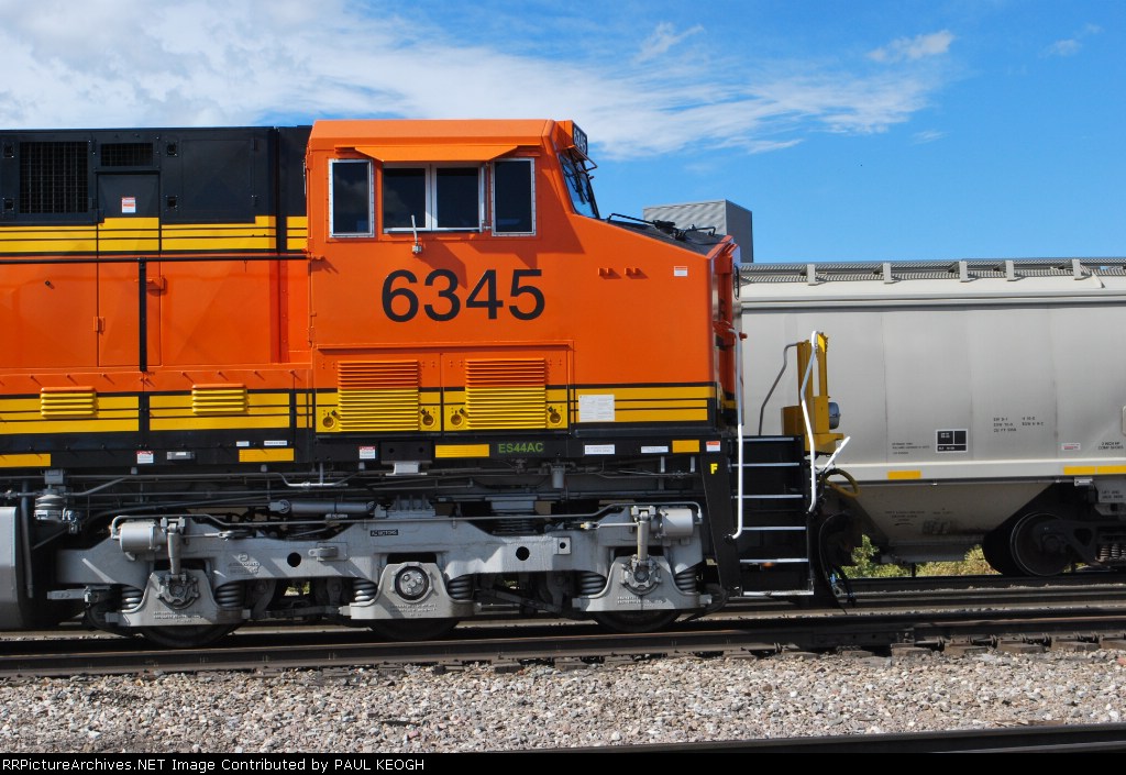 Close up shot of the cab of BNSF 6345 as she rolls north and still very clean!!